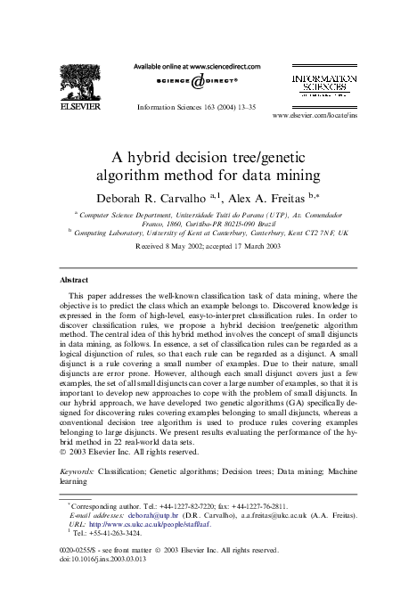 Pdf A Hybrid Decision Treegenetic Algorithm Method For Data Mining