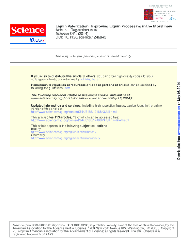 (PDF) Lignin Valorization: Improving Lignin Processing in the Biorefinery
