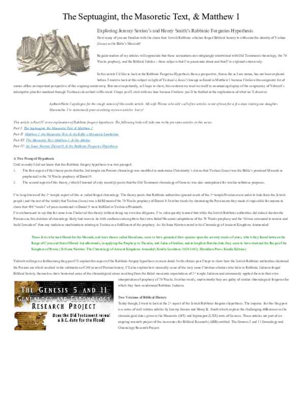 (PDF) The Septuagint, the Masoretic Text, & Matthew 1