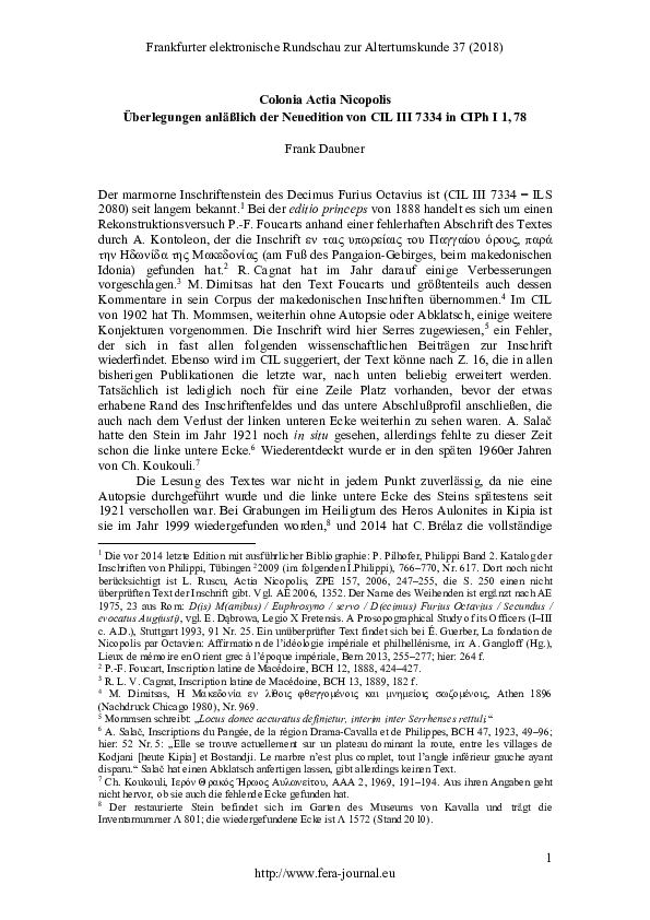 (PDF) Colonia Actia Nicopolis. Überlegungen anläßlich der Neuedition von CIL III 7334 in CIPh I ...