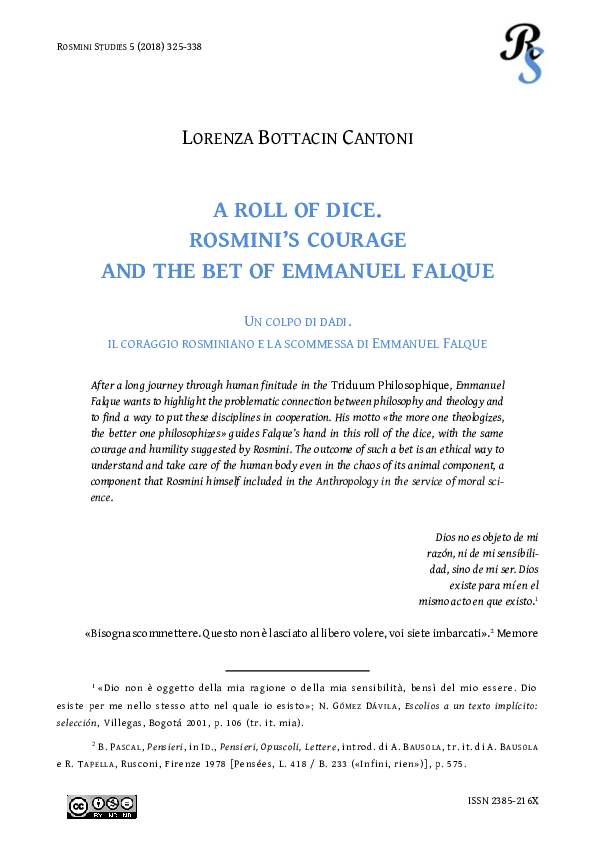 (PDF) A ROLL OF DICE. ROSMINI'S COURAGE AND THE BET OF EMMANUEL FALQUE