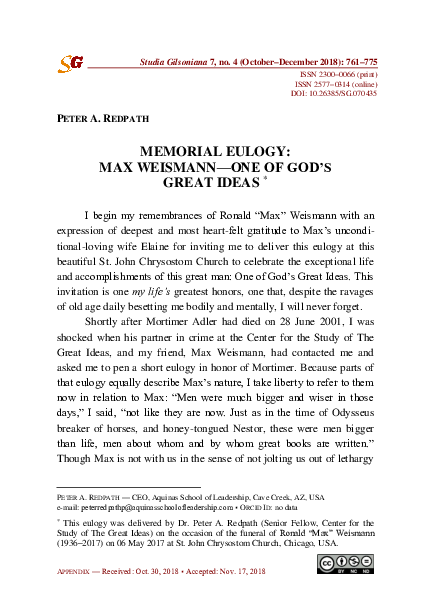 (PDF) Memorial Eulogy: Max Weismann—One of God’s Great Ideas