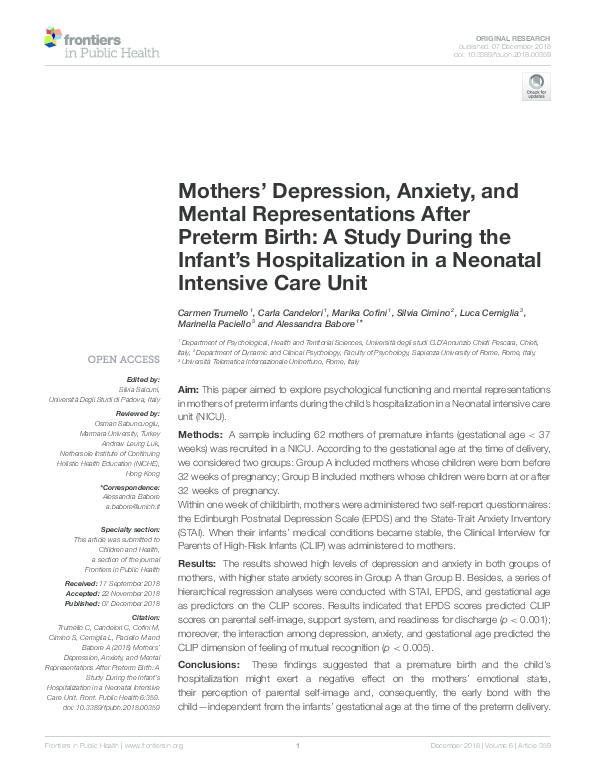 (PDF) Mothers’ depression, anxiety and mental representations after ...