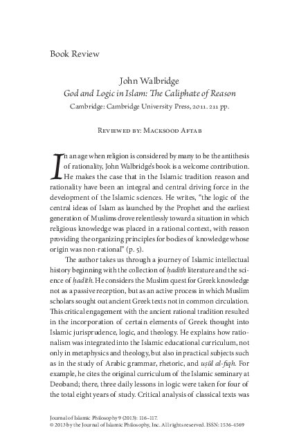 (PDF) John Walbridge, God and Logic in Islam: The Caliphate of Reason
