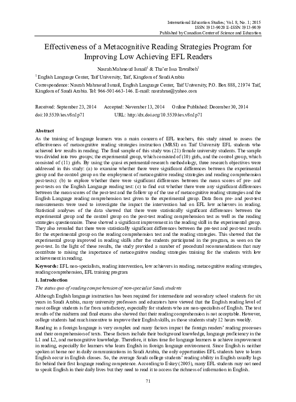 Pdf Effectiveness Of A Metacognitive Reading Strategies Program For Improving Low Achieving