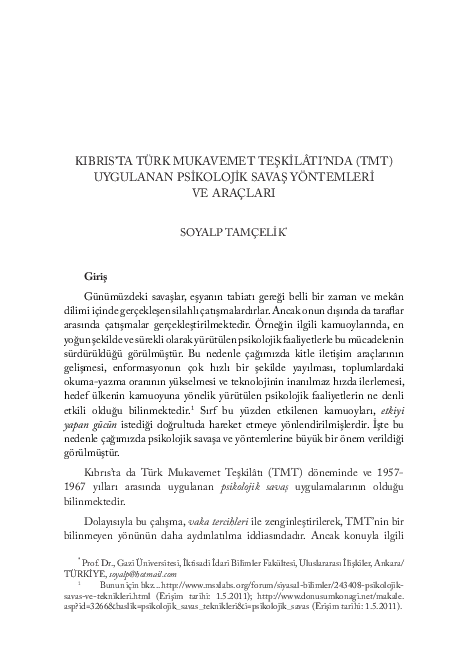 (PDF) KIBRIS'TA TÜRK MUKAVEMET TEŞKİLATINDA (TMT) UYGULANAN PSİKOLOJİK ...