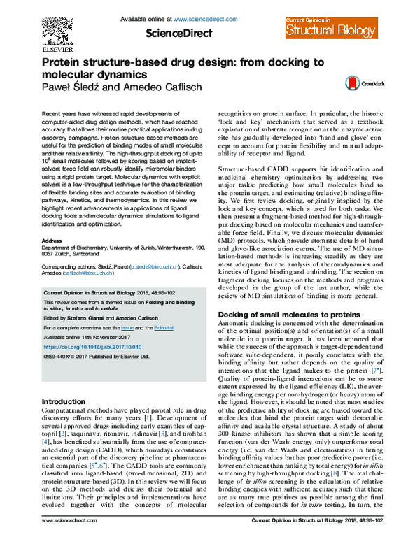(PDF) Protein structure-based drug design: from docking to molecular dynamics Paweł Sled z and ...