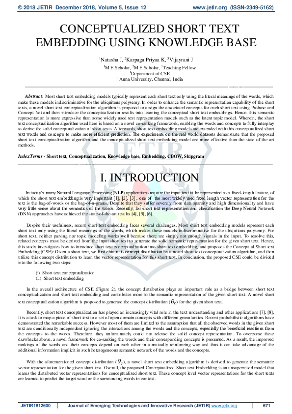 PDF CONCEPTUALIZED SHORT TEXT EMBEDDING USING KNOWLEDGE BASE Editor Of J E T I R Research pdf-conceptualized-short-text-embedding-using-knowledge-base-editor-of-j-e-t-i-r-research
