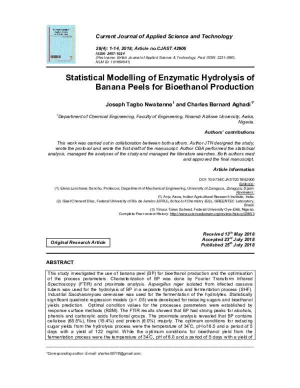 (PDF) Statistical Modelling of Enzymatic Hydrolysis of Banana Peels for ...