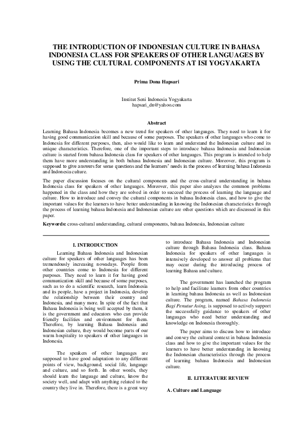 (PDF) THE INTRODUCTION OF INDONESIAN CULTURE IN BAHASA INDONESIA CLASS ...