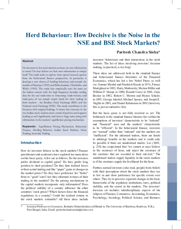 (PDF) Herd Behaviour: How Decisive is the Noise in the NSE and BSE Stock Markets?