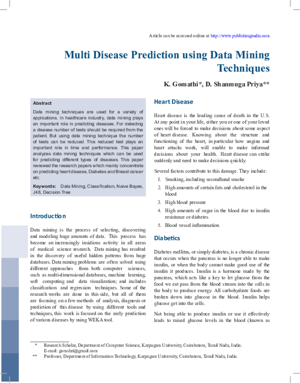 Pdf Multi Disease Prediction Using Data Miningpdf