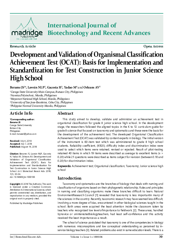 (PDF) Development and Validation of Organismal Classification ...