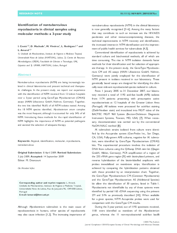 (PDF) 2010 - Identification of nontuberculous mycobacteria in clinical samples using molecular ...