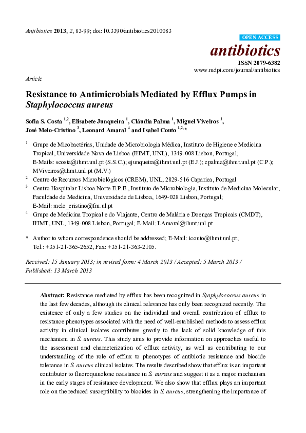 (PDF) 2013 - Resistance to Antimicrobials Mediated by Efflux Pumps in Staphylococcus aureus
