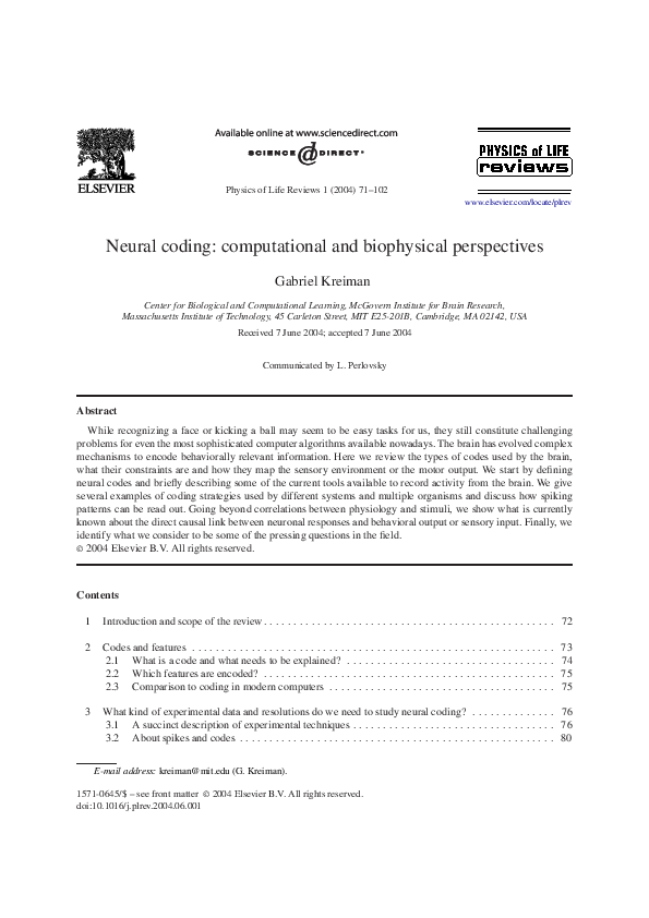 Pdf Neural Coding Computational And Biophysical Perspectives