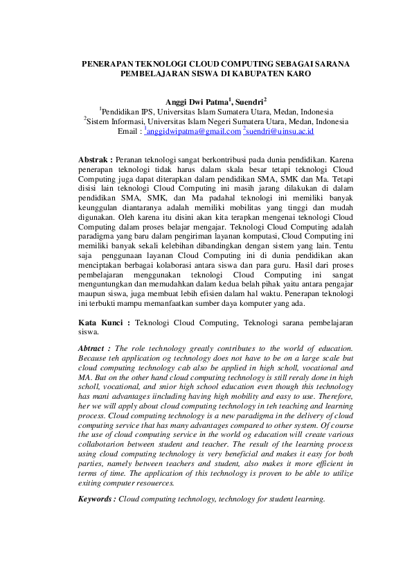 (PDF) PENERAPAN TEKNOLOGI CLOUD COMPUTING SEBAGAI SARANA PEMBELAJARAN SISWA DI KABUPATEN KARO