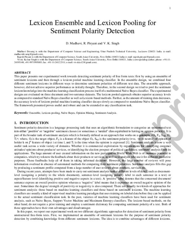 Pdf Lexicon Ensemble And Lexicon Pooling For Sentiment Polarity Detection