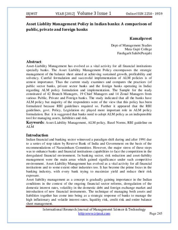 (PDF) Asset Liablity Management Policy in Indian banks: A comparison of ...