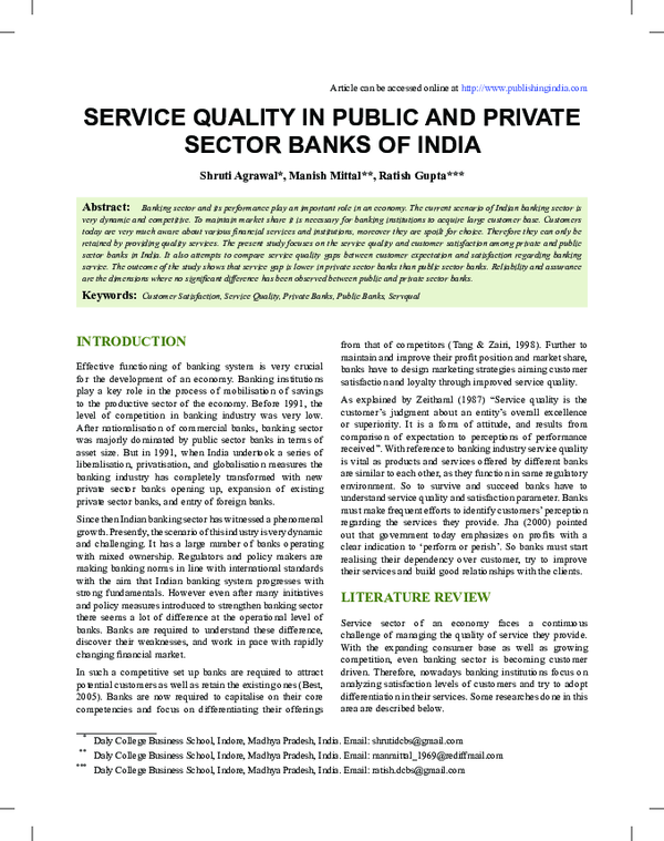 (PDF) Service Quality in Public and Private Sector Banks of India