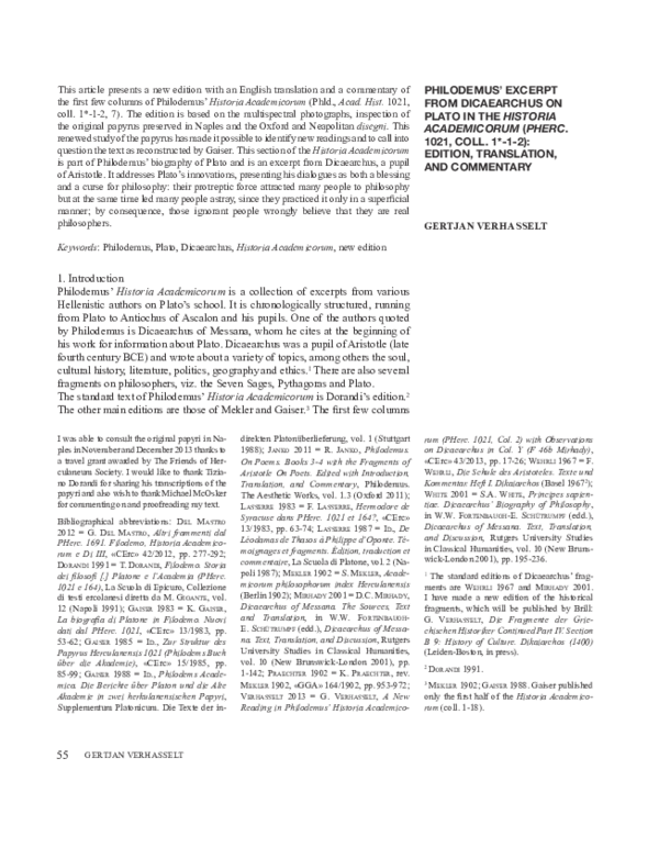 (PDF) Philodemus’ Excerpt from Dicaearchus on Plato in the Historia ...
