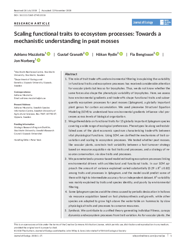 Pdf Scaling Functional Traits To Ecosystem Processes Towards A