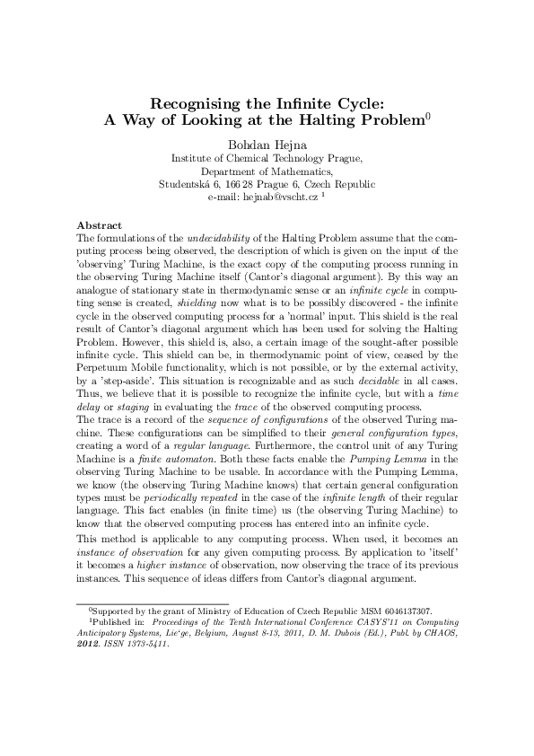 (PDF) Recognising the Infinite Cycle: A Way of Looking at the Halting ...