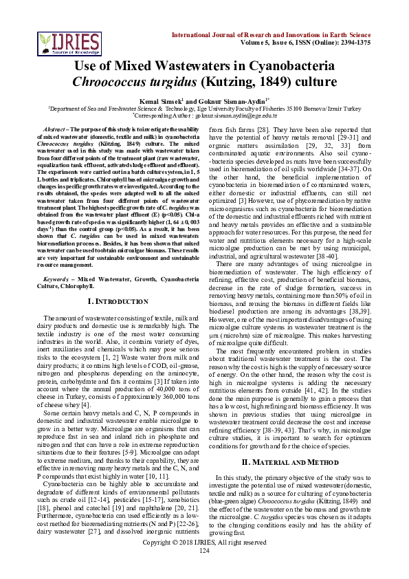 (PDF) Use of Mixed Wastewaters in Cyanobacteria Chroococcus turgidus ...
