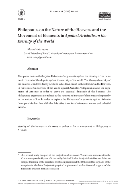(PDF) Philoponus on the Nature of the Heavens and the Movement of ...