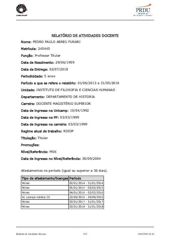 (PDF) Relatorio de Atividades para Unicamp 2013-2018, com pareceres DOI ...