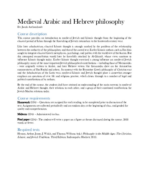 (PDF) Medieval Arabic and Hebrew philosophy syllabus