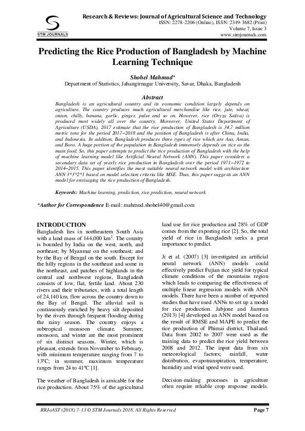 (PDF) Predicting The Rice Production of Bangladesh by Machine Learning Technique