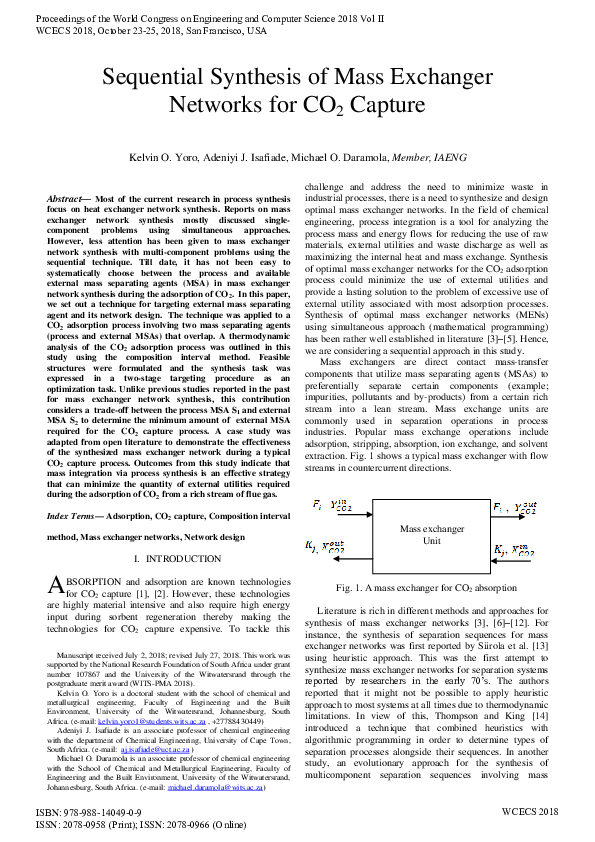 (PDF) Sequential Synthesis of Mass Exchanger Networks for CO2 Capture