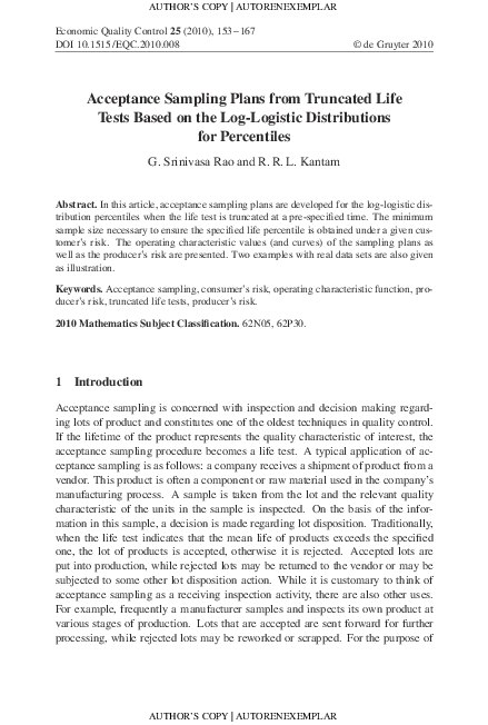 Pdf Acceptance Sampling Plans From Truncated Life Tests Based On The