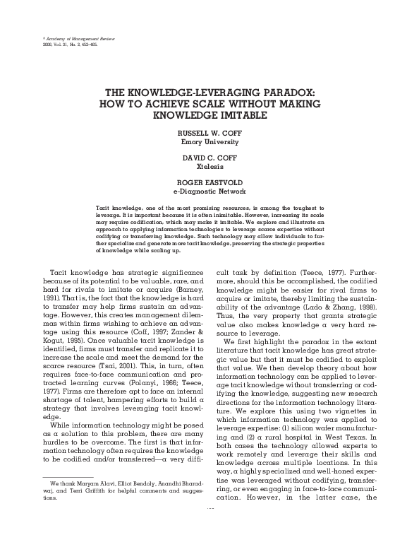 (PDF) The Knowledge-Leveraging Paradox: How to Achieve Scale Without ...