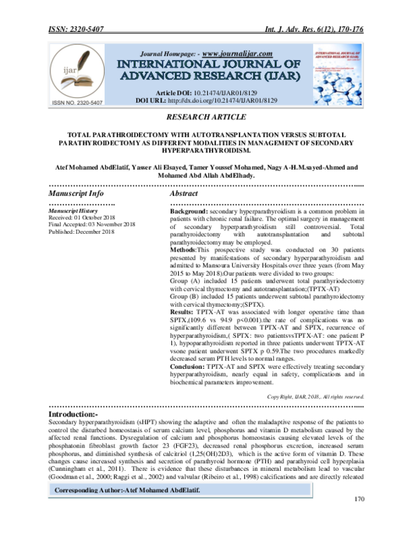 (PDF) TOTAL PARATHROIDECTOMY WITH AUTOTRANSPLANTATION VERSUS SUBTOTAL ...