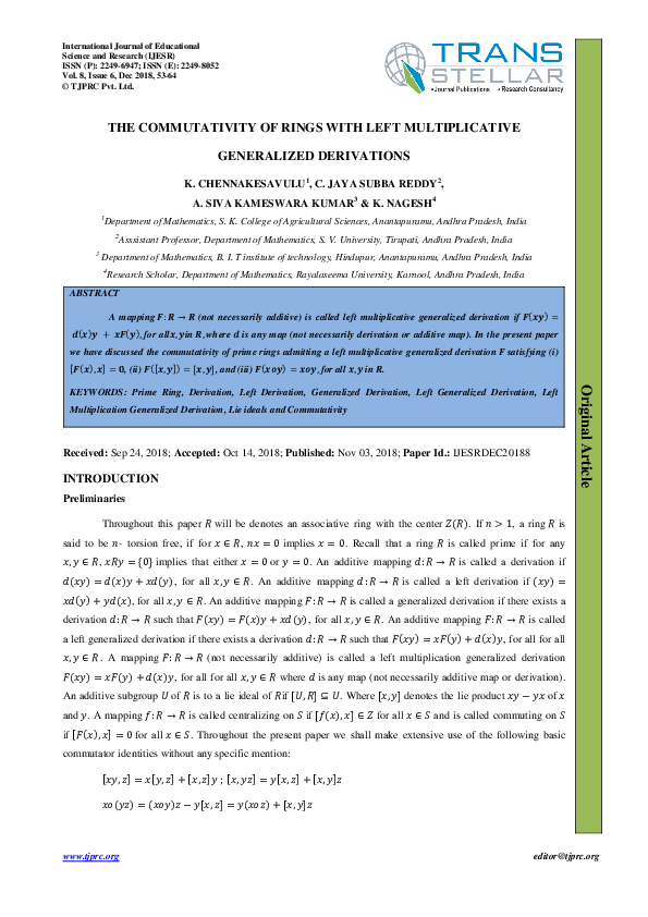 (PDF) THE COMMUTATIVITY OF RINGS WITH LEFT MULTIPLICATIVE GENERALIZED DERIVATIONS | TJPRC ...