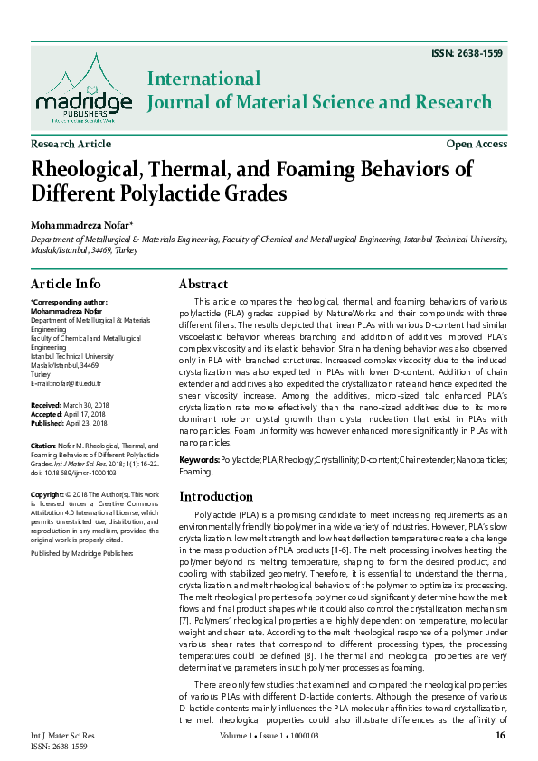 (PDF) Rheological, Thermal, and Foaming Behaviors of Different ...