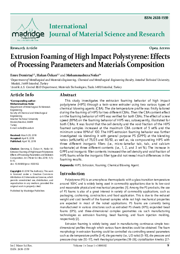 (PDF) Extrusion Foaming of High Impact Polystyrene: Effects of ...
