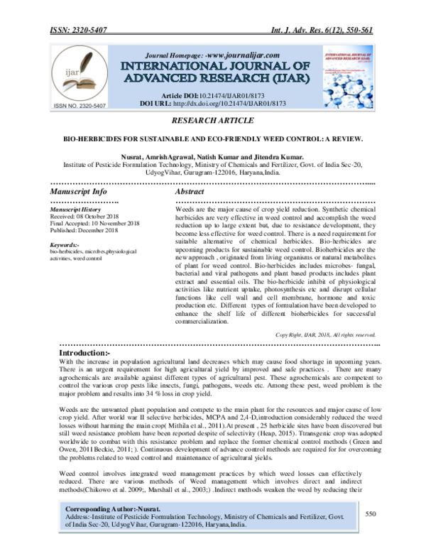 (PDF) BIO-HERBICIDES FOR SUSTAINABLE AND ECO-FRIENDLY WEED CONTROL: A ...