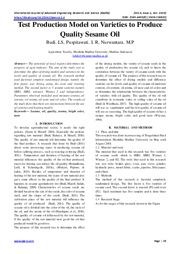 (PDF) Test Production Model on Varieties to Produce Quality Sesame Oil