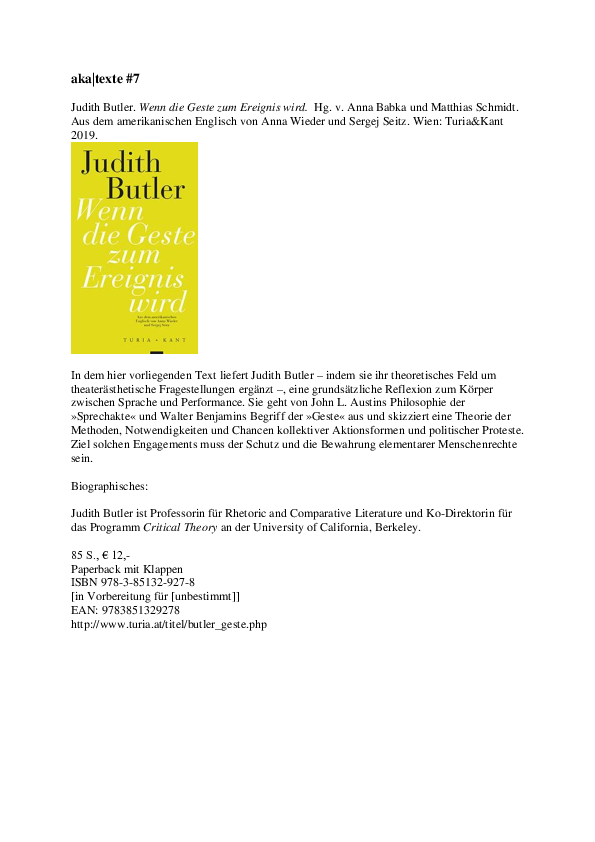 (DOC) Judith Butler. Wenn die Geste zum Ereignis wird. Hg. v. Anna ...