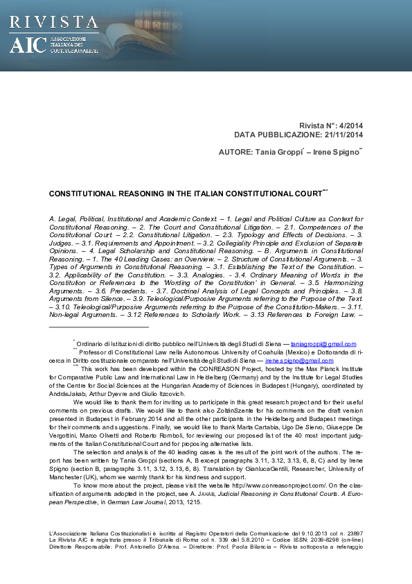 (PDF) CONSTITUTIONAL REASONING IN THE ITALIAN CONSTITUTIONAL COURT