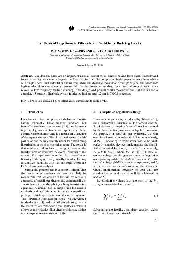 Pdf Synthesis Of Log Domain Filters From First Order Building Blocks