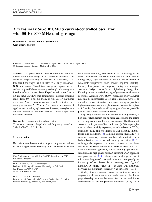 (PDF) A translinear SiGe BiCMOS current-controlled oscillator with 80 Hz–800 MHz tuning range