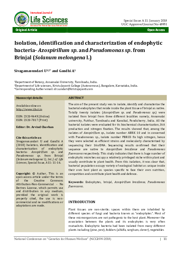 (PDF) Isolation, identification and characterization of endophytic bacteria- Azospirillum sp ...