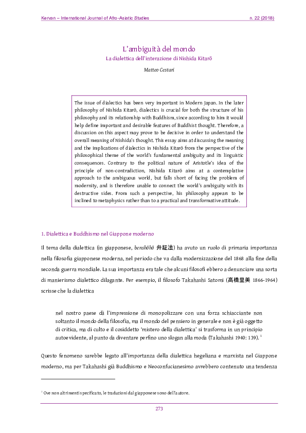 (PDF) L'ambiguità del mondo. La dialettica dell'interazione di Nishida ...