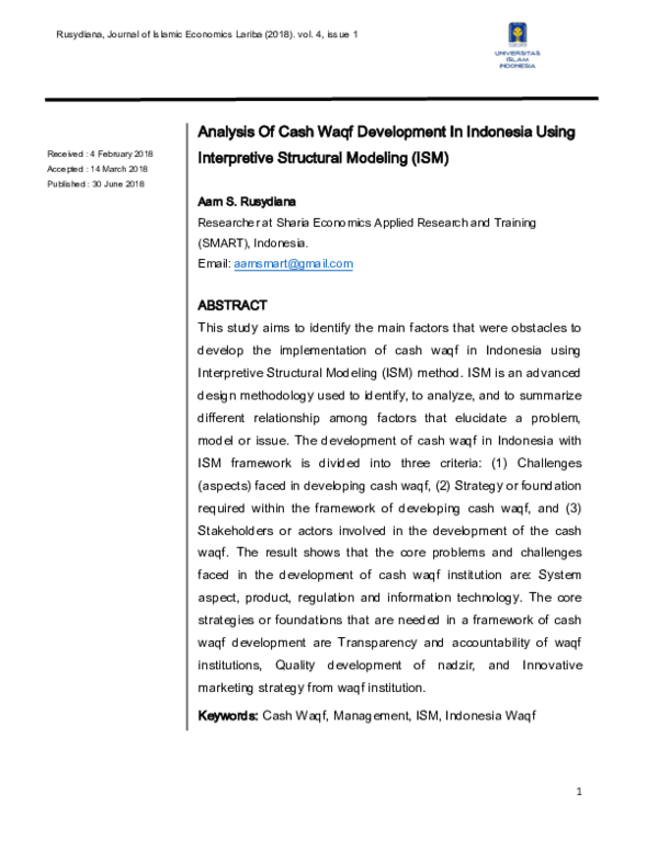 (PDF) Analysis of cash waqf development in Indonesia using ISM.pdf | Aam S L A M E T Rusydiana ...