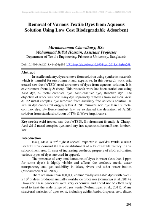 (PDF) Removal of Various Textile Dyes from Aqueous Solution Using Low Cost Biodegradable Adsorbent