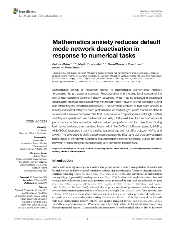 Pdf Mathematics Anxiety Reduces Default Mode Network Deactivation In Response To Numerical Tasks